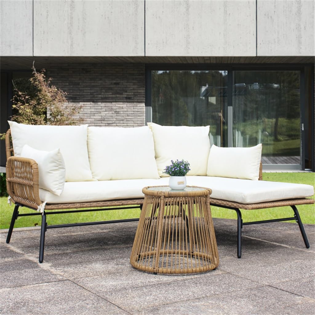 Generic Outdoor Patio Balcony L Shape Natural Color PE Wicker Sofa Set Round Tempered Glass Table and Furniture Cover