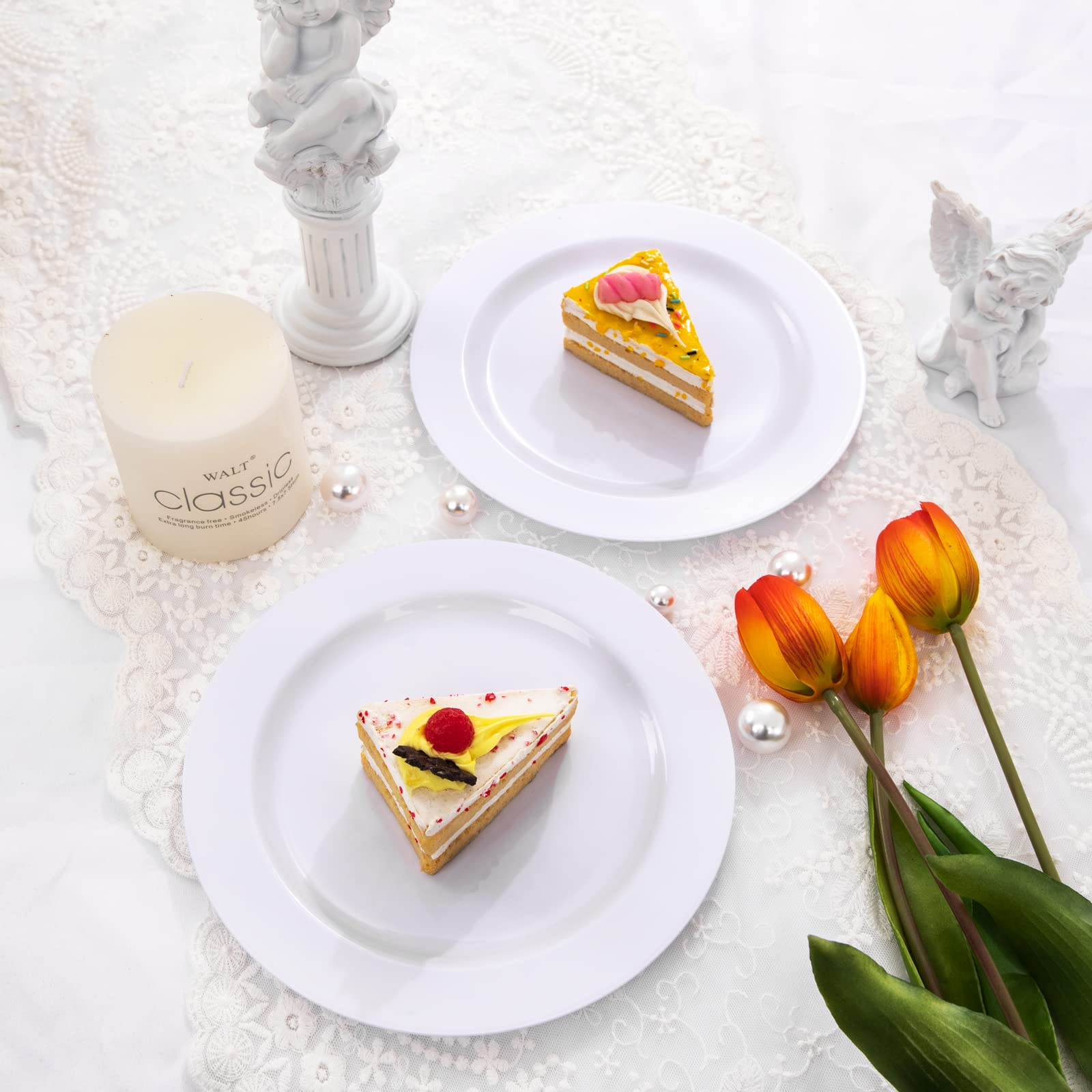 WELLIFE 200 Pieces White Plastic Dessert Plates with Gold Disposable Forks, Premium Hard Plastic Dessert Plates 7.5β, Appetizer Plastic Plates for Christmas, Wedding, Party