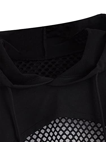 Verdusa Women's Hollow Out Fishnet Long Sleeve Drawstring Hoodie Super Crop Sweatshirt Black L