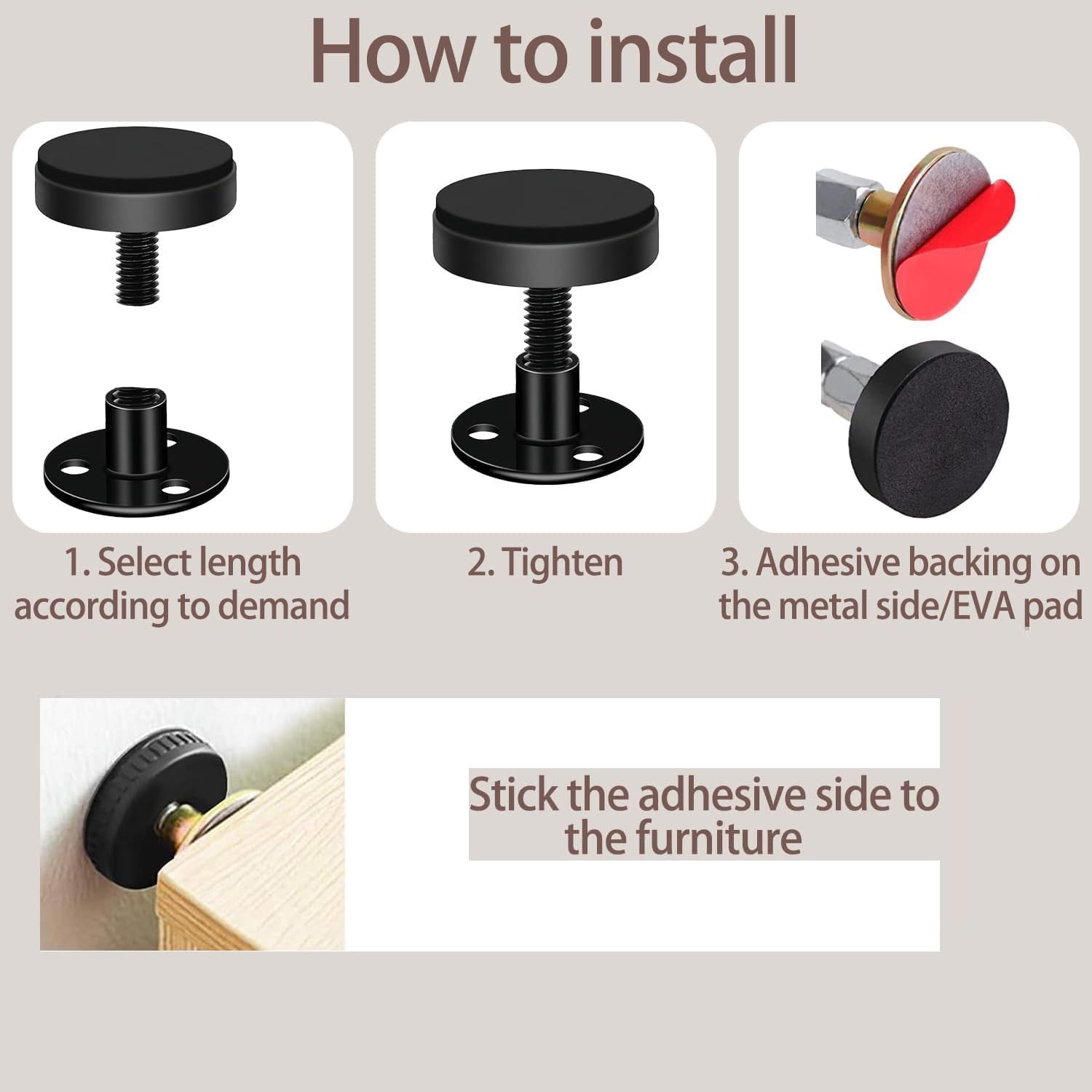 SOLIPECT 4PC Black Headboard Stoppers for Wall,Adjustable Bed Frame Anti-Shake Tool, Stop Headboard Movement, Protect Walls, Easy to Install(30-112mm)