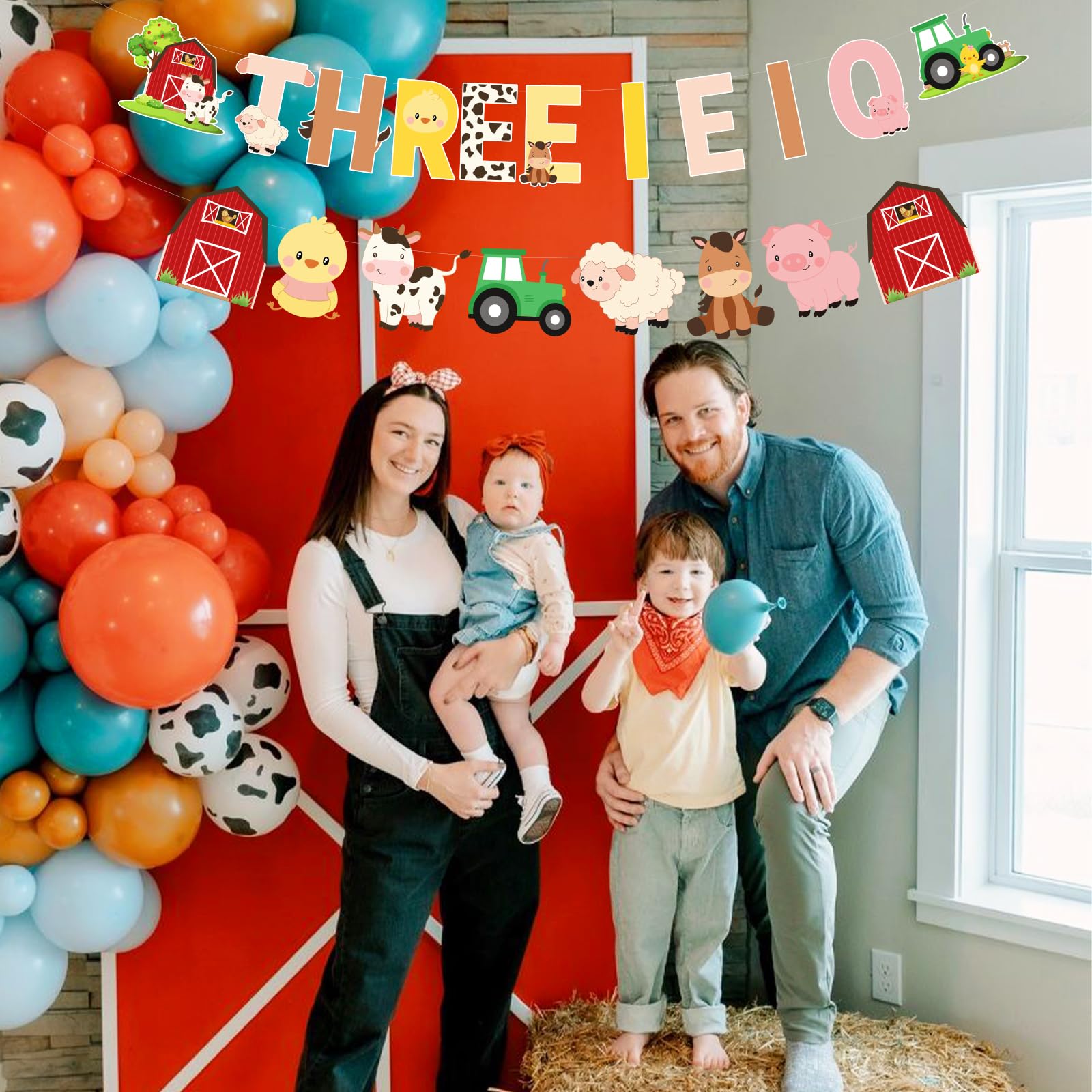 Sursurprise Farm 3rd Birthday Decorations, THREE I E I O Farm Animals Banner for Barnyard Farm Birthday Party Supplies