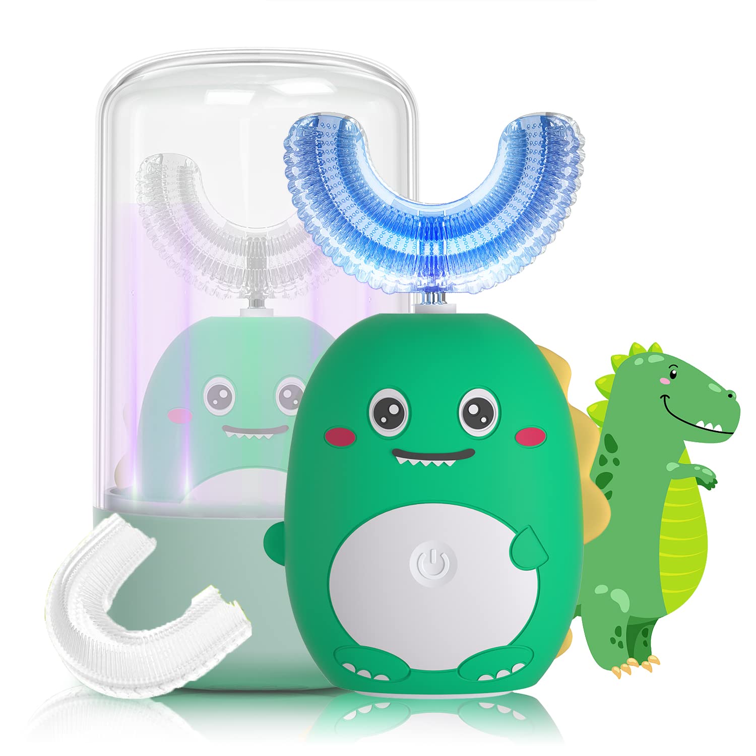 ZMRZ Kids Sonic Toothbrush with U-Shaped, Wireless ChargingďźAutomatic Toothbrush with 3 Gear Speed, 2 Brush Heads, IPX7 Waterproof, Dinosaur Cartoon Modeling Design for Child 2-12 Years