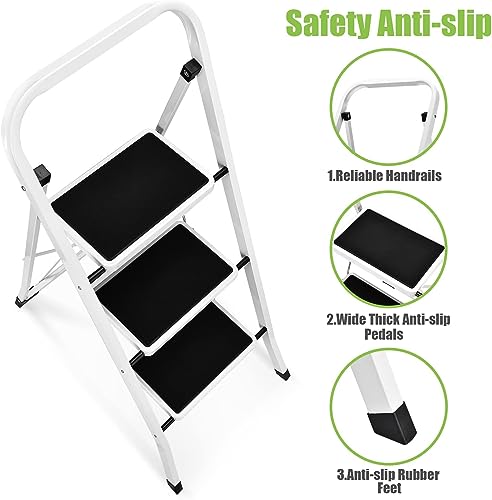 SIMPLI-MAGIC Step Ladder, 3 Step Stool Ergonomic Folding Step Stool with Wide Anti-Slip Pedal Sturdy Step Stool for Adults Multi-Use for Household, Kitchen,Office Step Ladder Stool (3 Step - White)