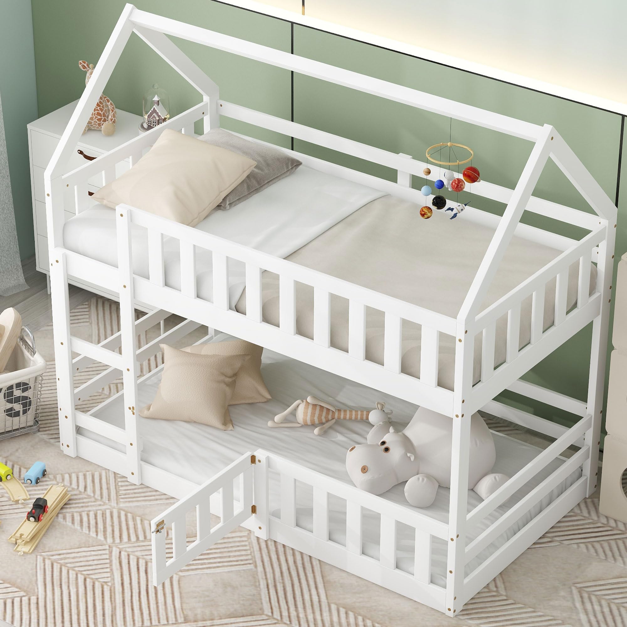 RuiSiSi Twin Size Floor Low Bunk Bed with Fence and Door, Wood Bunk Bed Frame with Guardrails and Ladder, House Shaped Bunk Bed for Kids, White