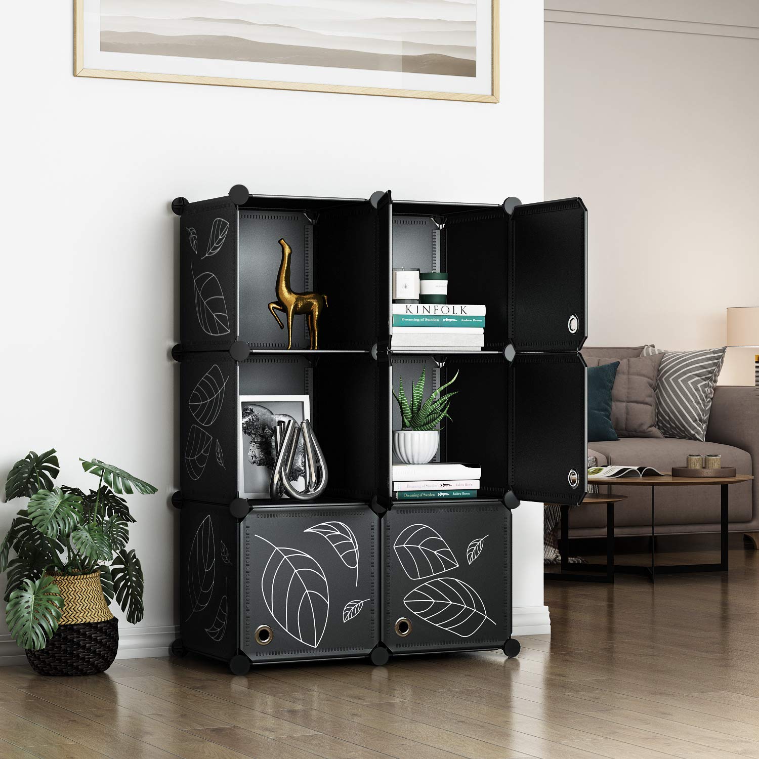 GREENSTELL Cube Storage Organizer, 6-Cube Closet Organizer with Doors, DIY Plastic Storage Cubes Organizer, Modular Storage Cabinet Book Shelf Shelving for Bedroom, Living Room, Office Black