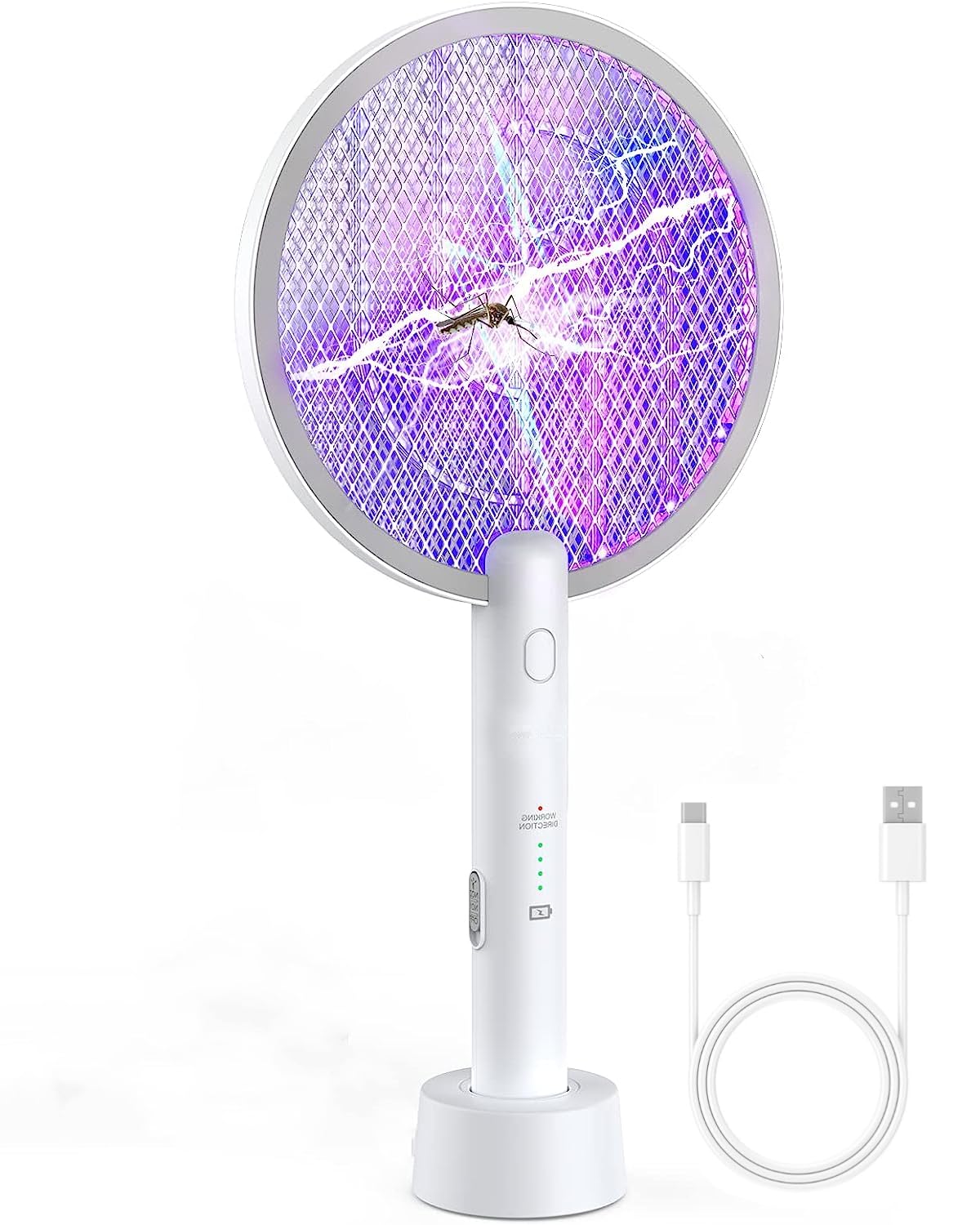 VLISBO Electric Mosquito Swatter 3000V Bug Zapper Racket Dual Modes 2 in 1 Mosquito Killer with Fly Light with USB Rechargeable Base Powerful Fly Trap Lamp for Home, Kitchen, Patio - Grey White