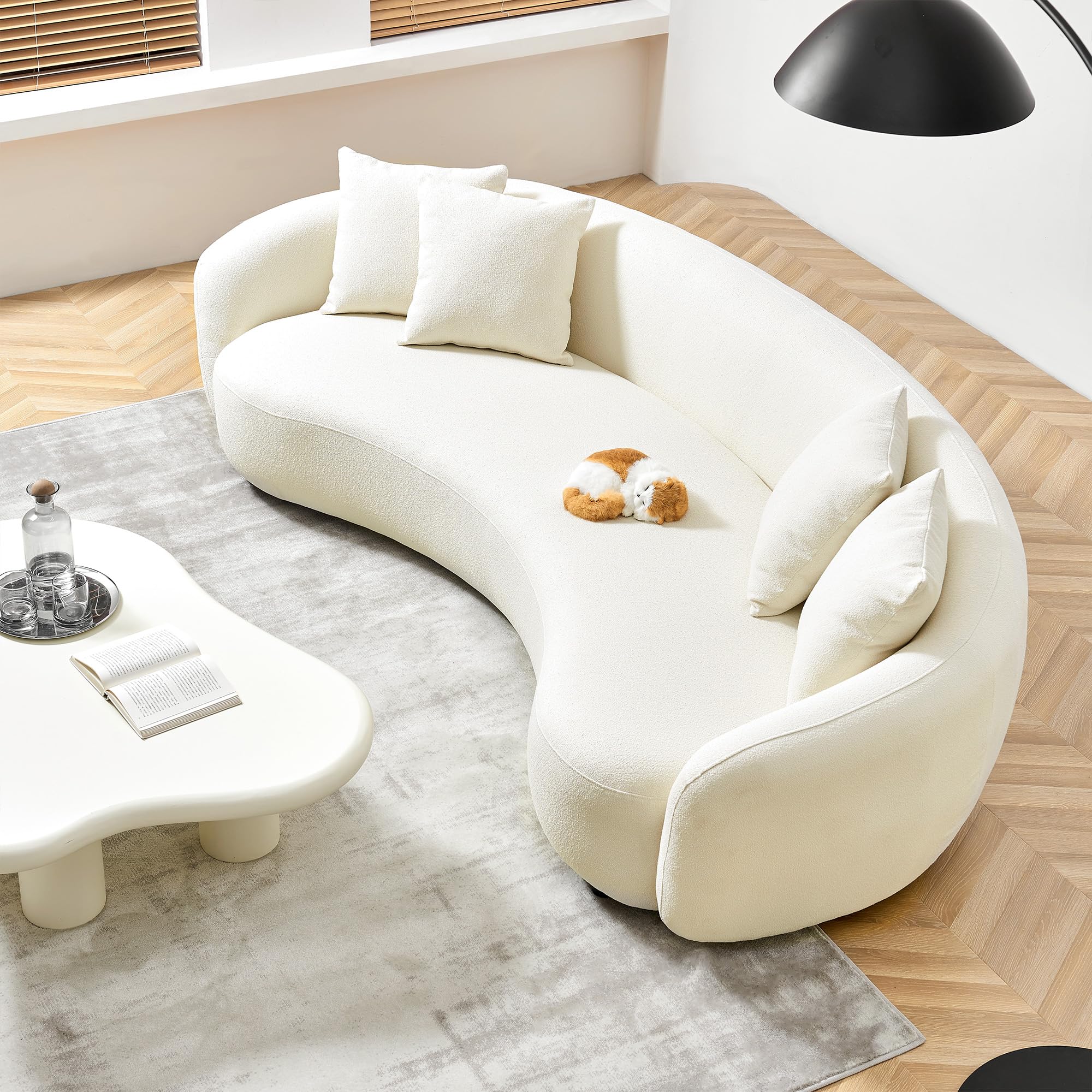 VnndeNest 101'' Sofa Couch, Modern Curved Half Moon Sectional Sofa, Teddy Fleece Boucle 5-Seat Sofa Couch with 4 Throw Pillows, Luxury Comfy Sofa for Living Room, Bedroom, Office, Apartment, Beige