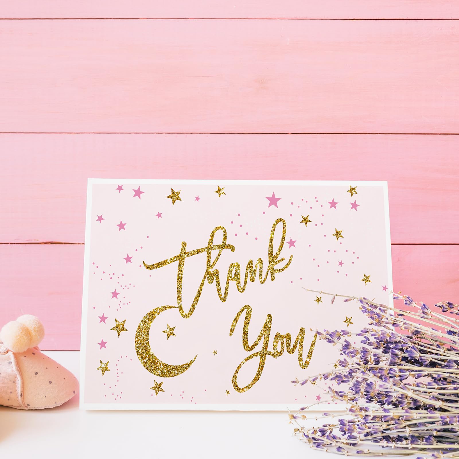 Whaline 36 Pack Pink Baby Shower Thank You Cards with Envelopes Matching Seal Stickers Glitter Starry Twinkle Moon Blank Note Cards for Birthday Supplies