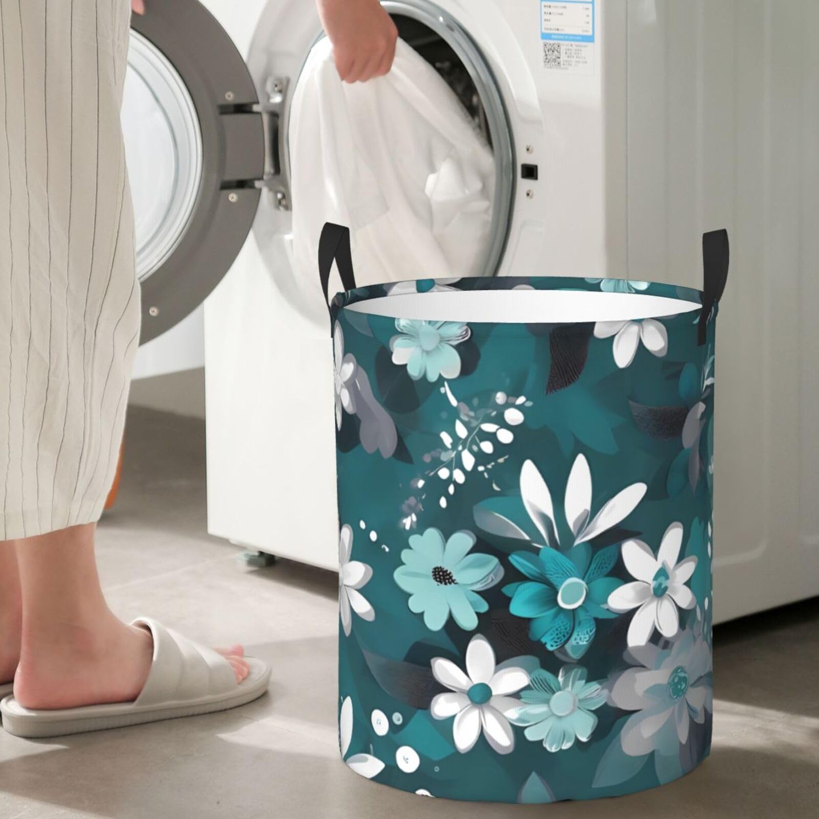 Teal Grey And White Floral Printed Laundry Hamper,Round Laundry Basket,Clothes Hamper With Handle,Collapsible Waterproof For Bedroom
