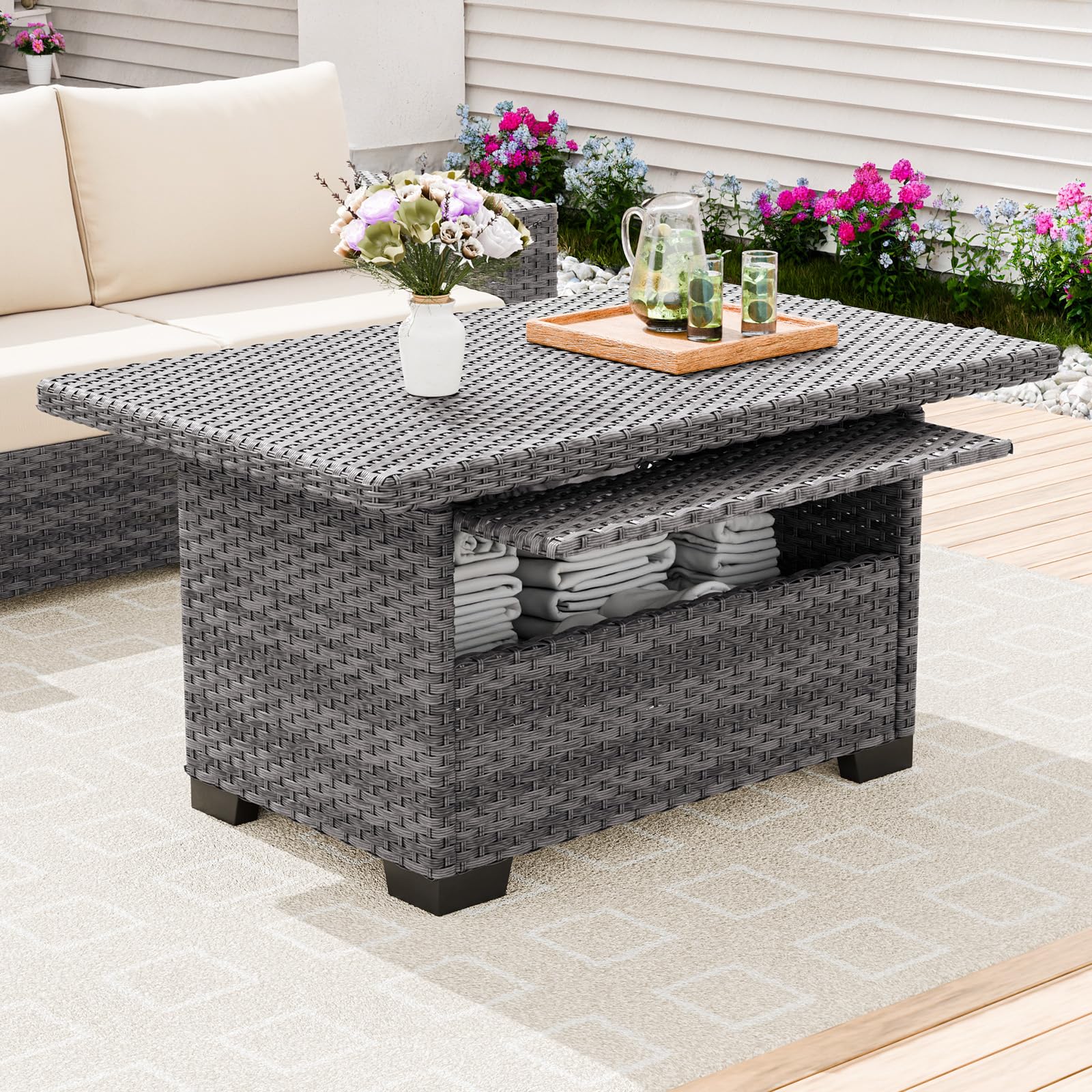 Restland Outdoor Wicker Patio SideTable, All-Weather Grey Small Square End Table for Balcony Porch Pool