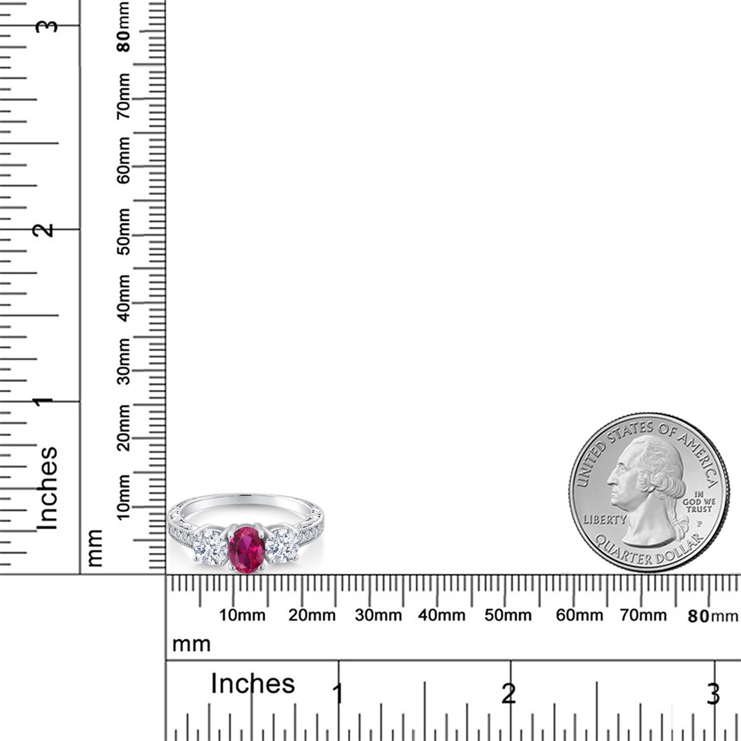 Gem Stone King 2.52 Cttw 925 Sterling Silver Red Created Ruby 3-Stone Engagement Ring | Oval 7X5MM & Round 5MM | 3 Stone Wedding Anniversary Promise Ring For Women (Size 6)