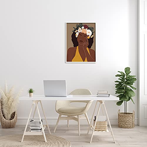 Stupell Industries Female Pondering Tropical Floral Crown Monstera Leaf, Designed by JJ Design House LLC White Framed Wall Art, 24 x 30, Brown