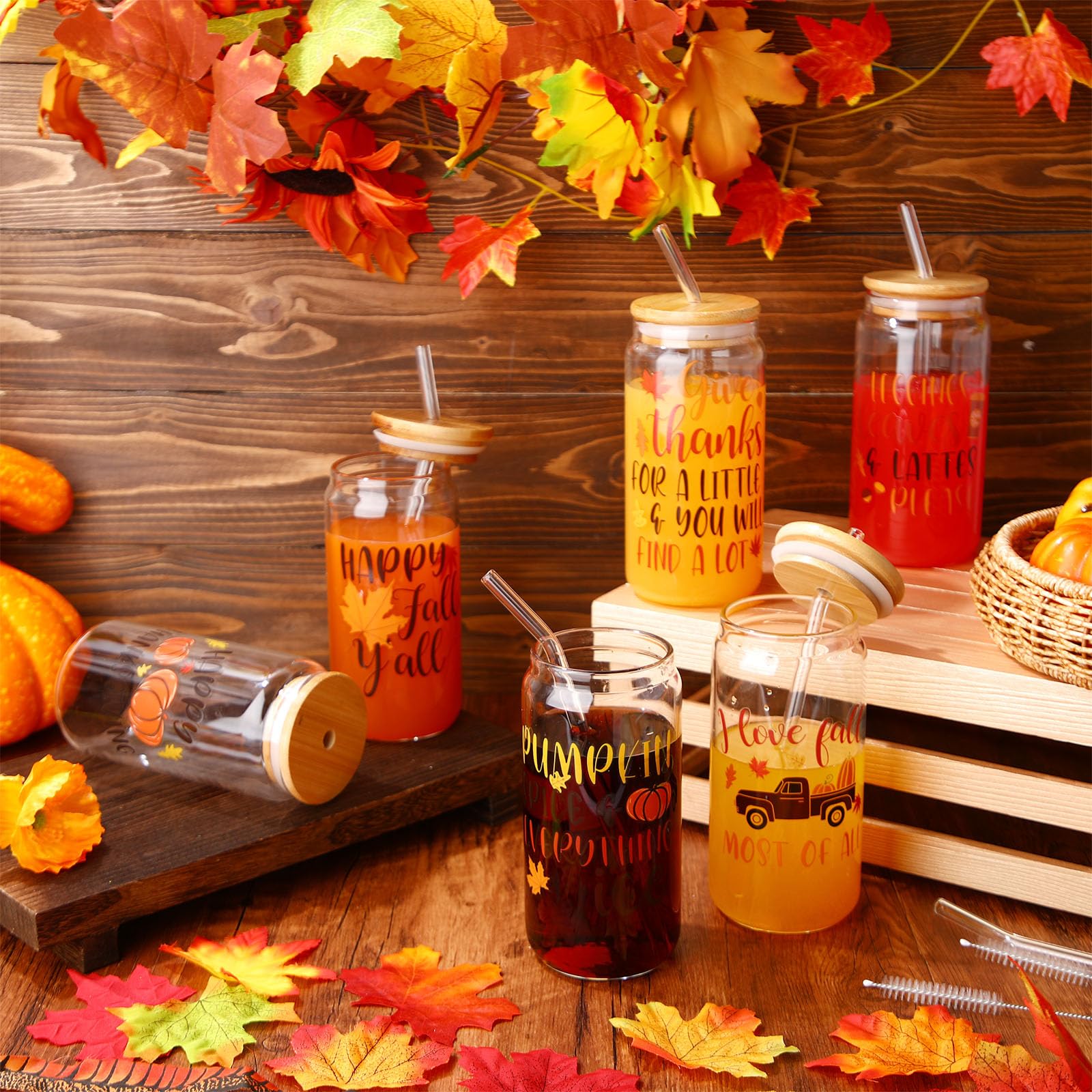 Suttmin 6 Pcs Fall Glass Coffee Cups with Lids and Straw 16 oz Thanksgiving Maple Beer Glass Cup Pumpkins Can Fall Iced Drinking Cup Fall Decor for Thanksgiving Gift Autumn