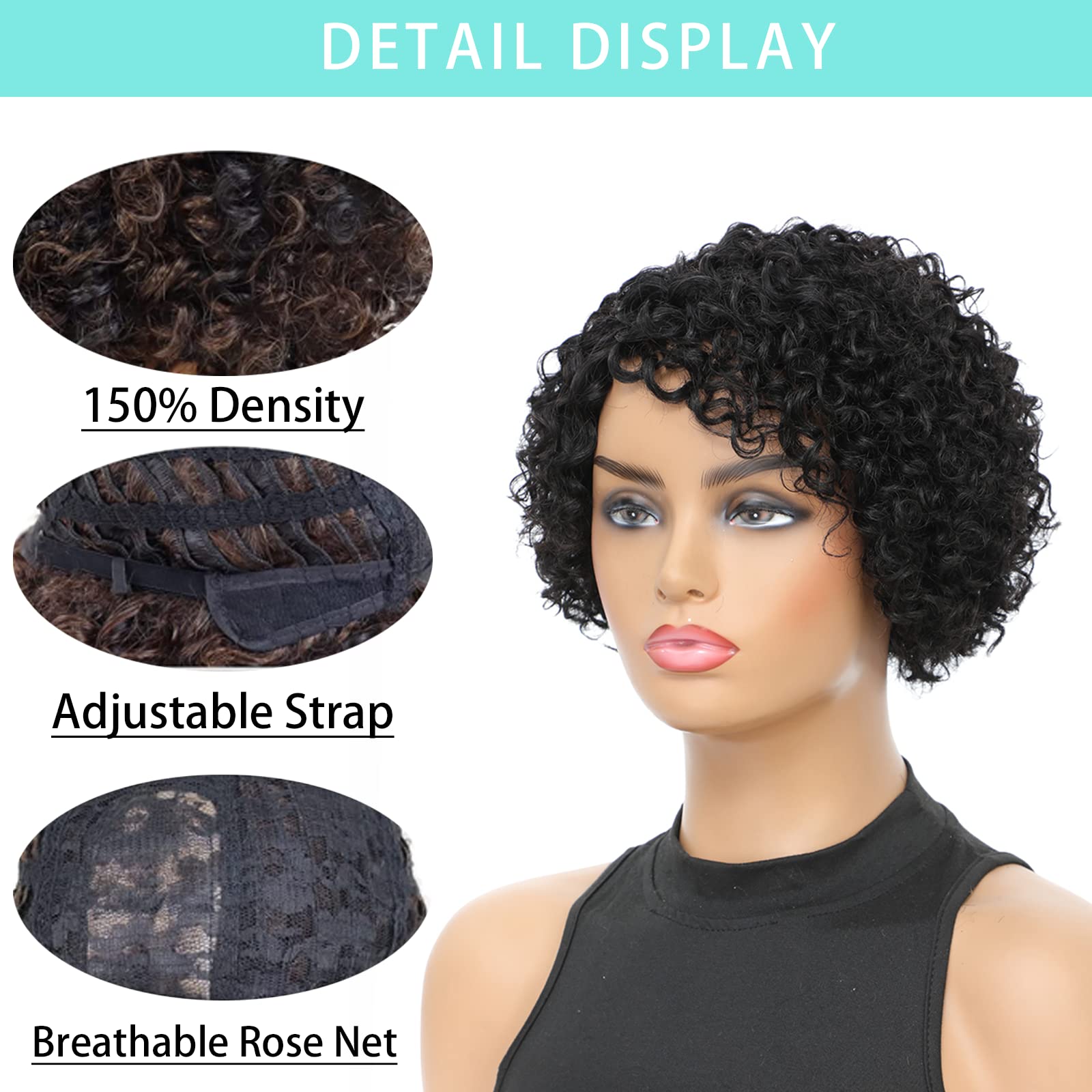 MOWCAW Short Curly Human Hair Wigs for Black Women 8 Inch Short Curly Wig Brazilian Deep Wave Side Part Pixie Cut Glueless Wigs Afro Kinky Bob Wig (Black