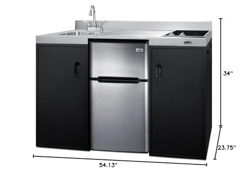 Summit Appliance CK55ADASINKR 54β Wide All-in-One Kitchenette in Black with a 2-Burner 115V Cooktop, 2-Door Refrigerator-Freezer, Sink, and Large Storage Cabinet (SINKR)