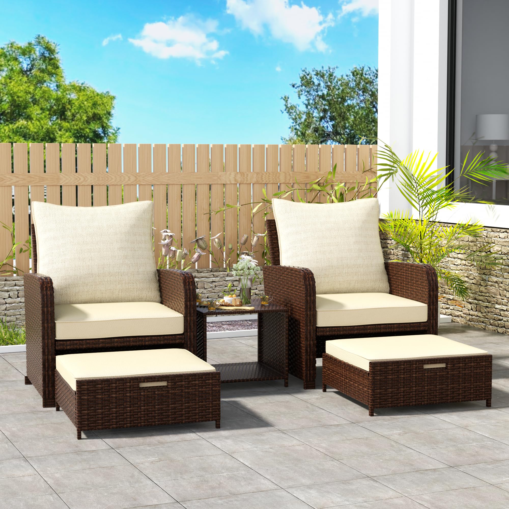Suvivityse 5 Pieces Patio Furniture Set Rattan Wicker Sofa Outdoor Conversations Sets with Table and Ottomans for Garden, Poolside, Backyard (Grey Rattan, Grey)
