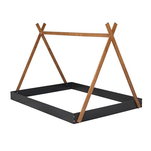 RORIGAT Full Floor Bed for Kids,Full Teepee Bed Frame with Triangle Structure,Wood Floor Bed for Bedroom Furniture,Box Spring Not Required,Black+Brown