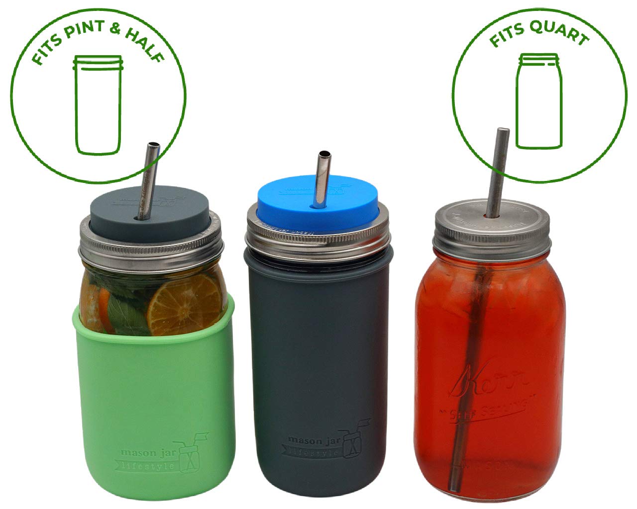 Long Safer Rounded End Stainless Steel Metal Straws for Large Cups, Tall Glasses, or Quart Mason Jars (4 Pack + Cleaning Brush + Bag)