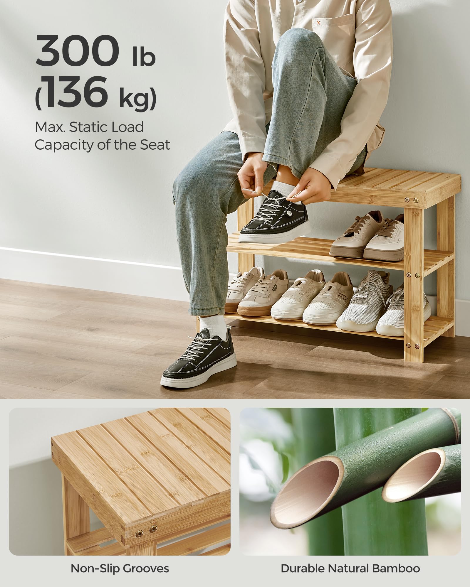 SONGMICS Hall Tree with Bench, Coat Rack Shoe Bench Set, Entryway Furniture, Multifunctional, 5 Double Metal Hooks, 3-Tier Bamboo Shoe Rack, for Entryway, Hallway, Bedroom, Natural Beige ULCR004N01