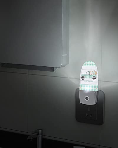 Plug-in LED Night Light with Auto Light Sensor - Popsicle Shape Nightlight Baby Night Lights for Hallway Bedroom Kids Room - Happy Easter Green Plaid Truck with Bunny and Easter Eggs Retro Wood Board