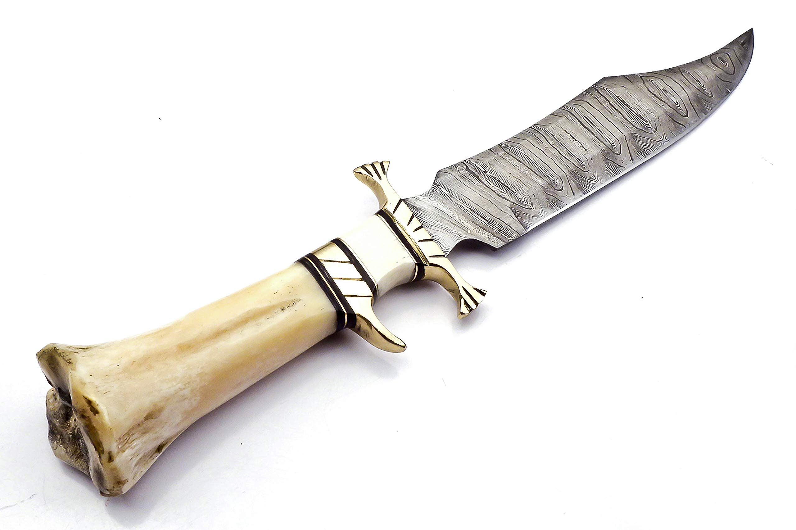 HandSmith™ 15" Handmade Damascus Steel Hunting Knife, Hand Forged Damascus Steel Fixed Blade Bowie Knife, Genuine Leather Sheath, Camel Bone Handle Firm Grip (White)