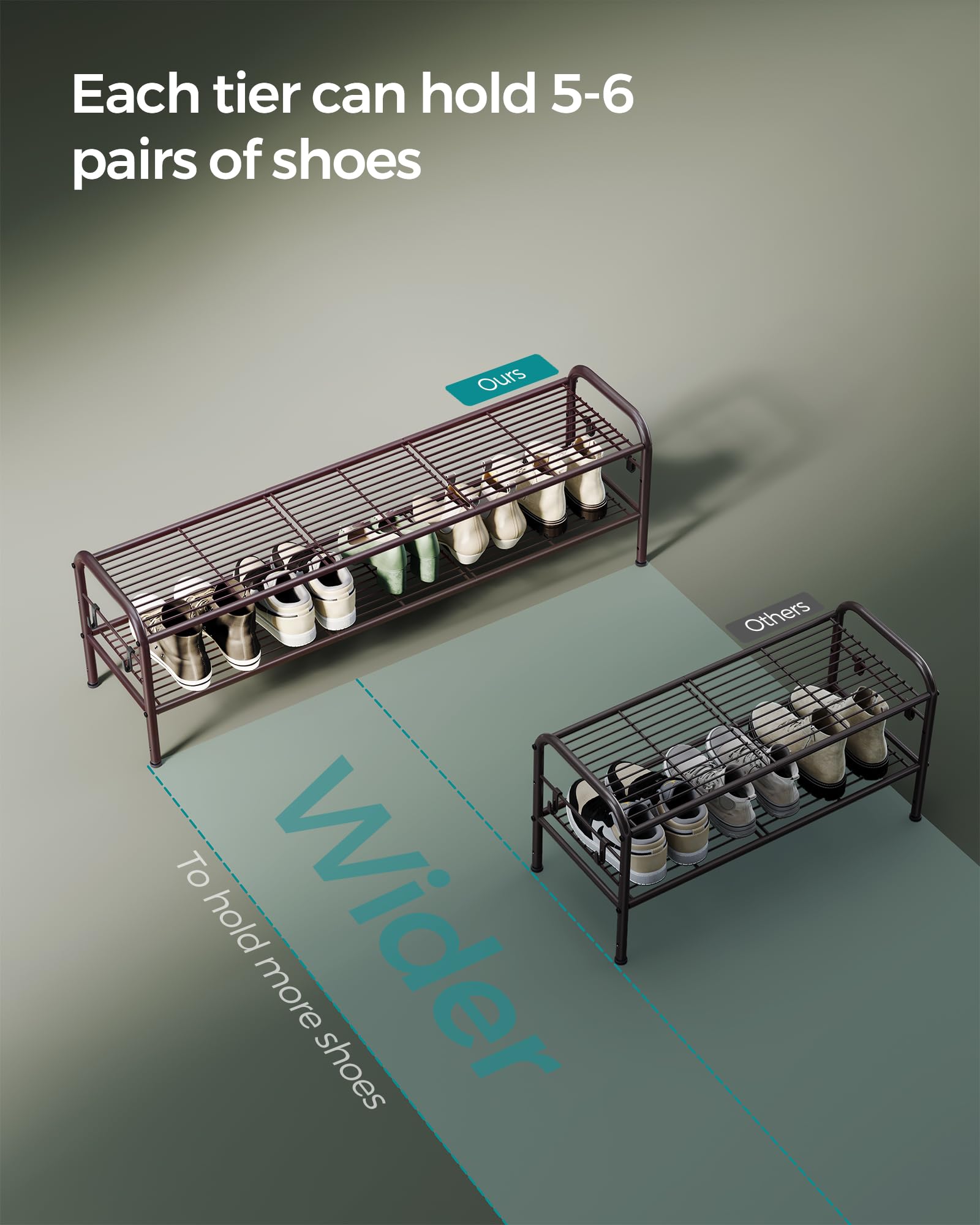SONGMICS Shoe Rack, 2-Tier Shoe Organizer, Metal Shoe Shelf Storage with 4 Side Hooks, Holds 12 Pairs of Shoes, Height-Adjustable Shoe Rack for Entryway, Hallway, Closet, Easy Assembly, Chestnut Brown