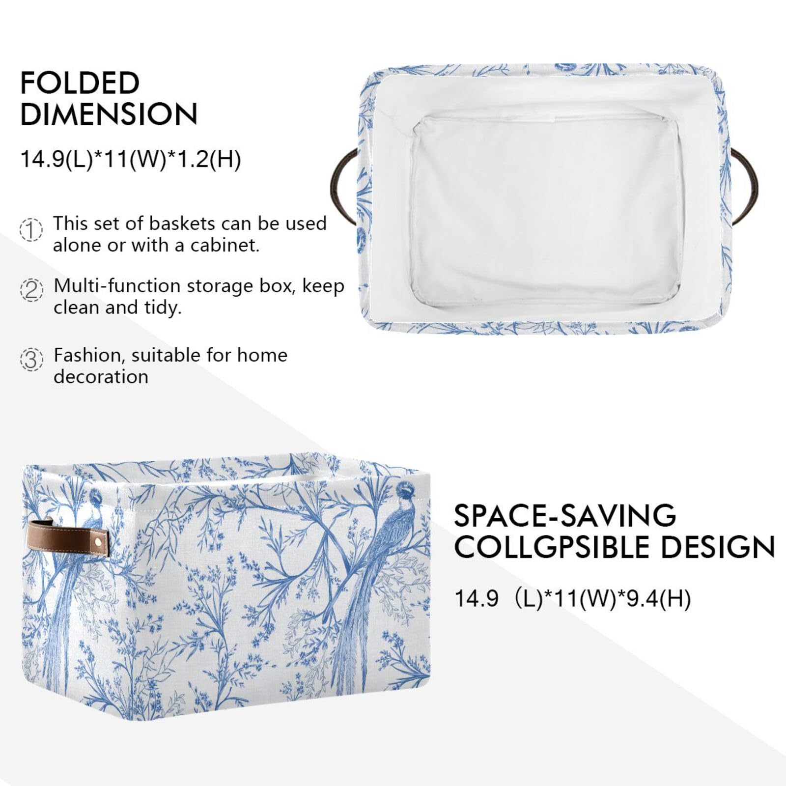 susiyo Foldable Storage Bin Oriental Garden Bird Fabric Storage Baskets Collapsible Shelf Baskets Organizing Basket Bin with PU Handles for Shelves Home Closet Bedroom Living Room-1Pack