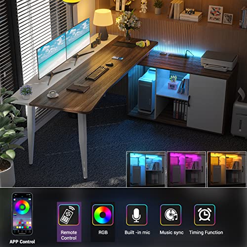 Unikito L Shaped Desk with File Cabinet and Power Outlet, 55 Inch Large Corner Computer Desks with LED Light Strip, L-Shaped Computer Desk with Door and Storage Shelves for Home Office, Walnut & White