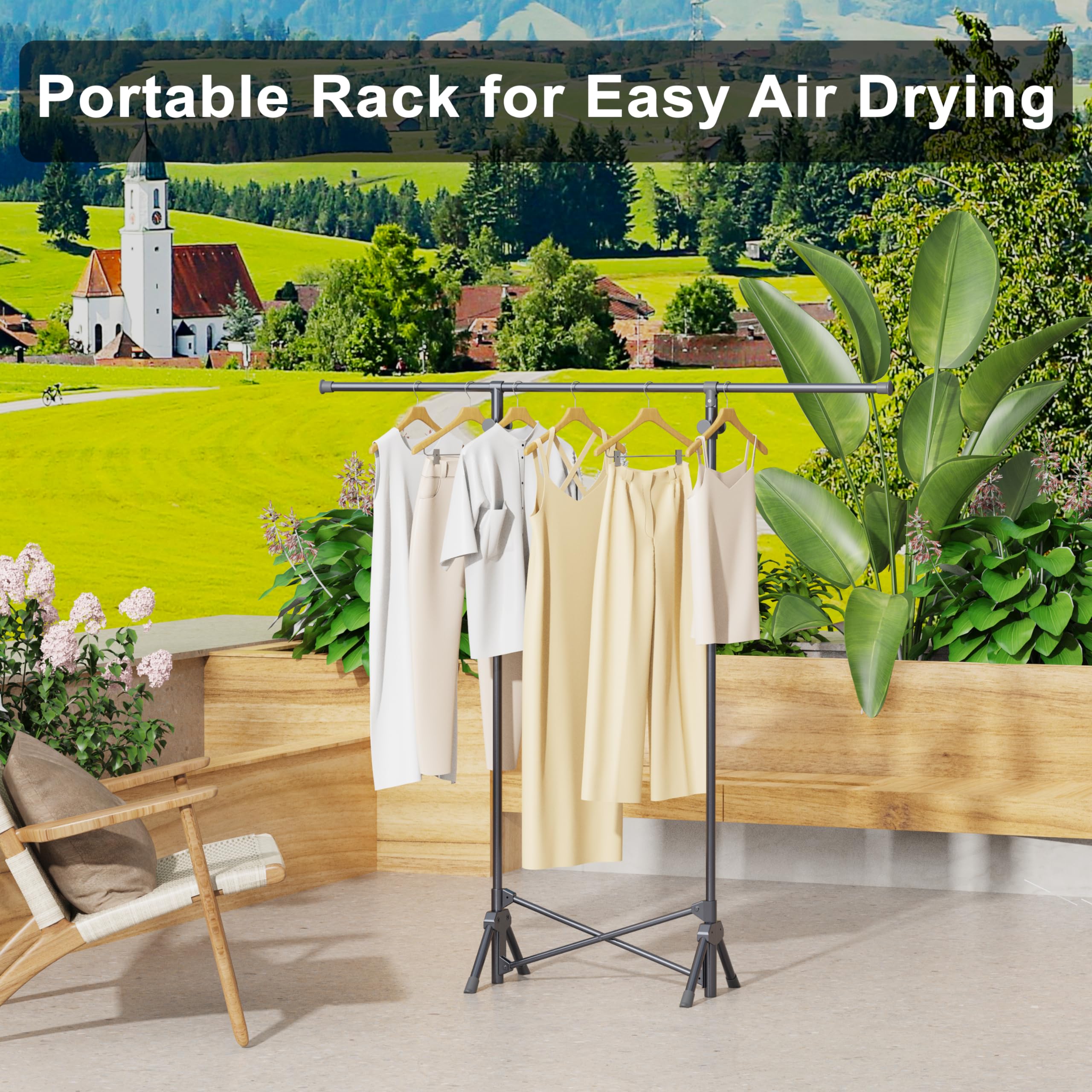 Runsand No Installation Clothes Rack,Portable Folding Carbon Steel Garment Rack - Versatile Heavy Duty Coat Rack with 4 hooks for Indoor and Outdoor Use - great for Home, Camping,Travel (Dark Grey)