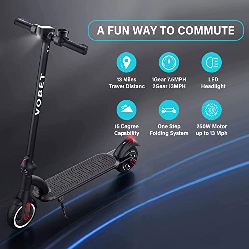 VOBETSCOOTER, Top Speed 13MPH,13Mile,250W Motor,6.5Inch Honeycomb Solid Tires,Foldable,Lightweight Electric Scooter,Suitable for Teens,13 +,Load 190 LBS