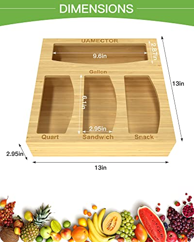 Uamector Bamboo Ziplock Bag Organizer for Drawer, Food Bags Dispenser Plastic Bags Holder for Kitchen, Hanging Baggie Container for Gallon Quart Sandwich or Snack Bag Trash Bags