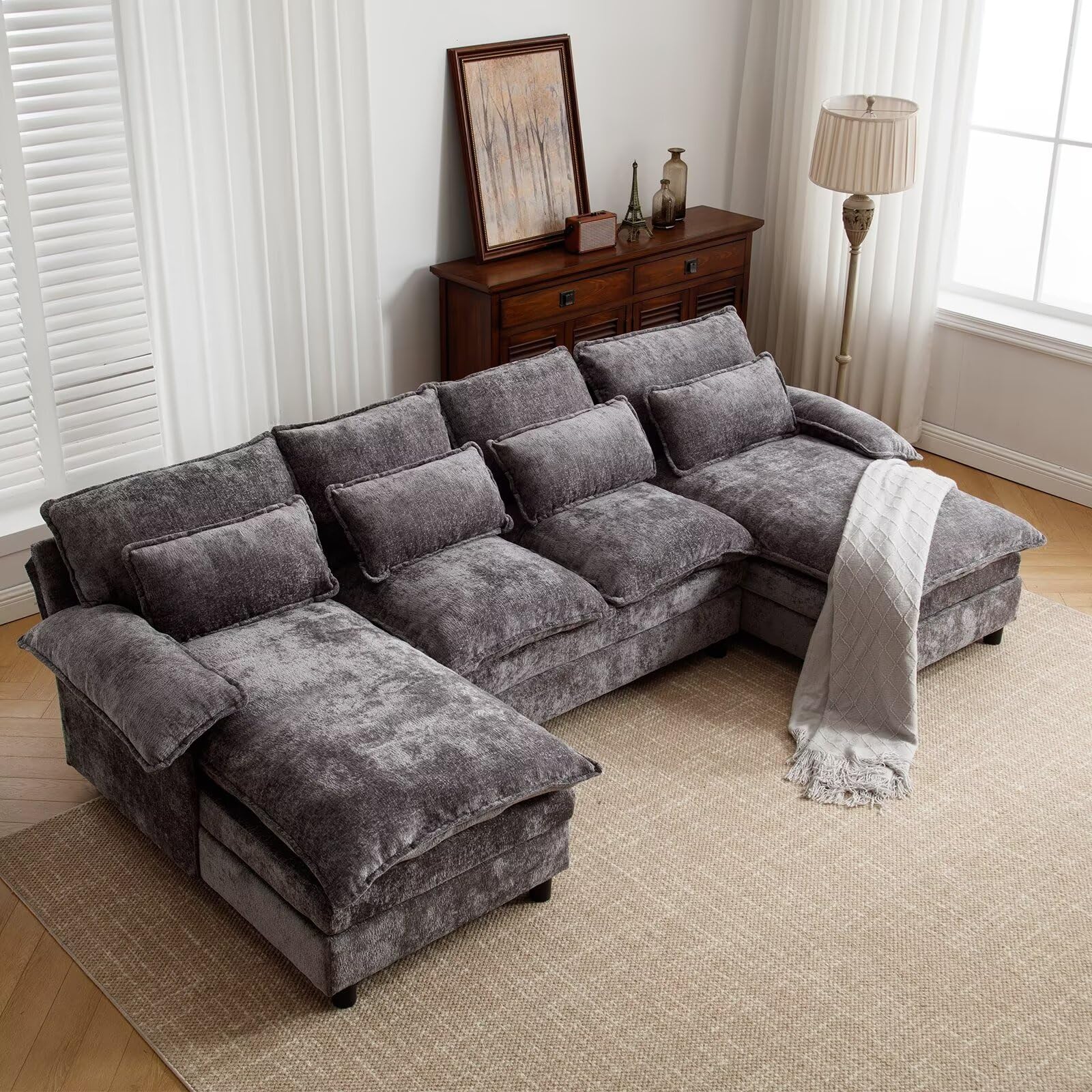 Siiejia U Shape Cloud Couch, 4 Seats Comfy Sectional Sofas Couches for Living Room, Modular Chenille Sofa with Double Reversible Chaise for Apartment Spacious Space, Grey