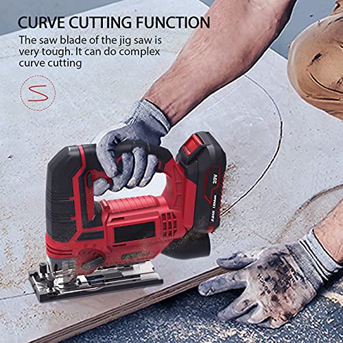 Jigsaw, 20V Cordless Jig Saw for Woodworking with LED, 4 Orbital, Variable Speed, ±45°Bevel Angle, 10PCS Blades, Scale Ruler, Tool-free Blade Changing, Battery & Carrying Bag & Fast Charger Included
