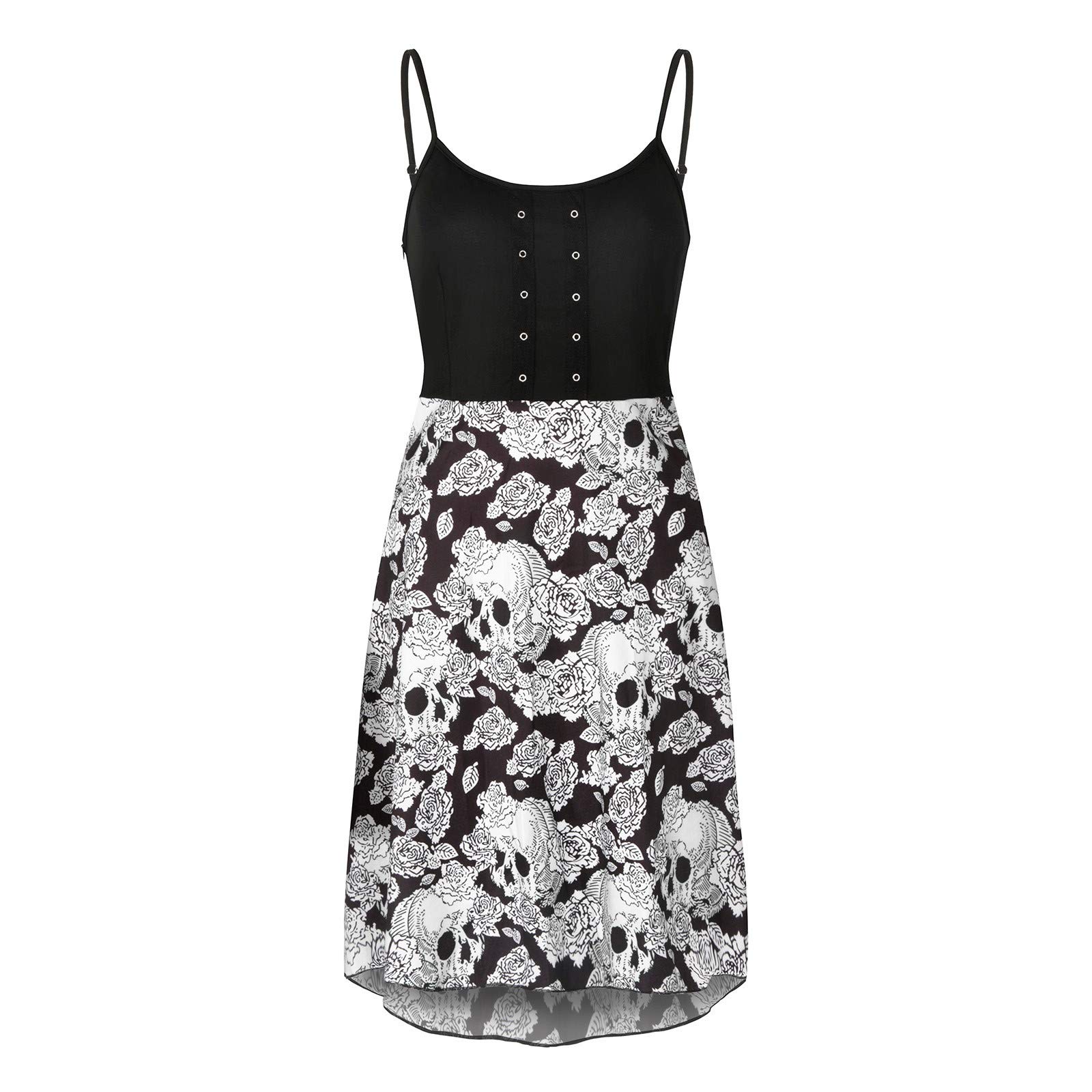 High Waist Sling Dress for Women Patchwork Scoop Neck Floral Skull Printed Swing Dress Black