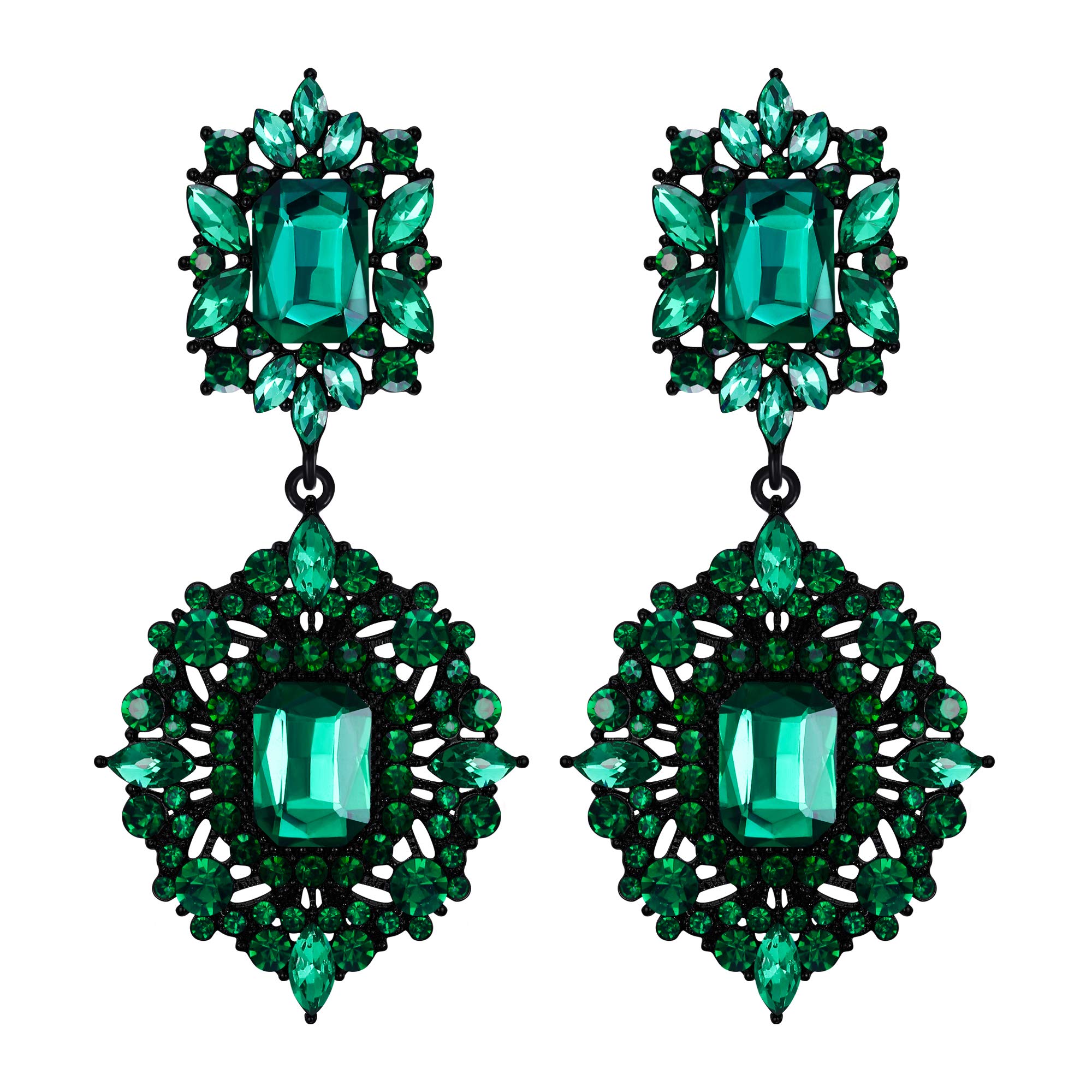 Flyonce Women's Rhinestone Crystal Art Deco Vintage Style Gatsby Clip-on Dangle Chandelier Earrings Green
