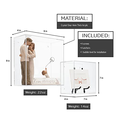 SimplyImagine Floating Acrylic Cube Shelf - Set of 2 Square Hanging Wall Mount Display Storage Shelves for Photos, Toys, Books, Decorative, More
