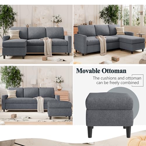 SUNLEI Sectional Sofa Couches for Living Room, L Shaped Couch with Reversible Chaise, Modern Linen Convertible Sectional Sofa for Small Space as Apartment, Grey