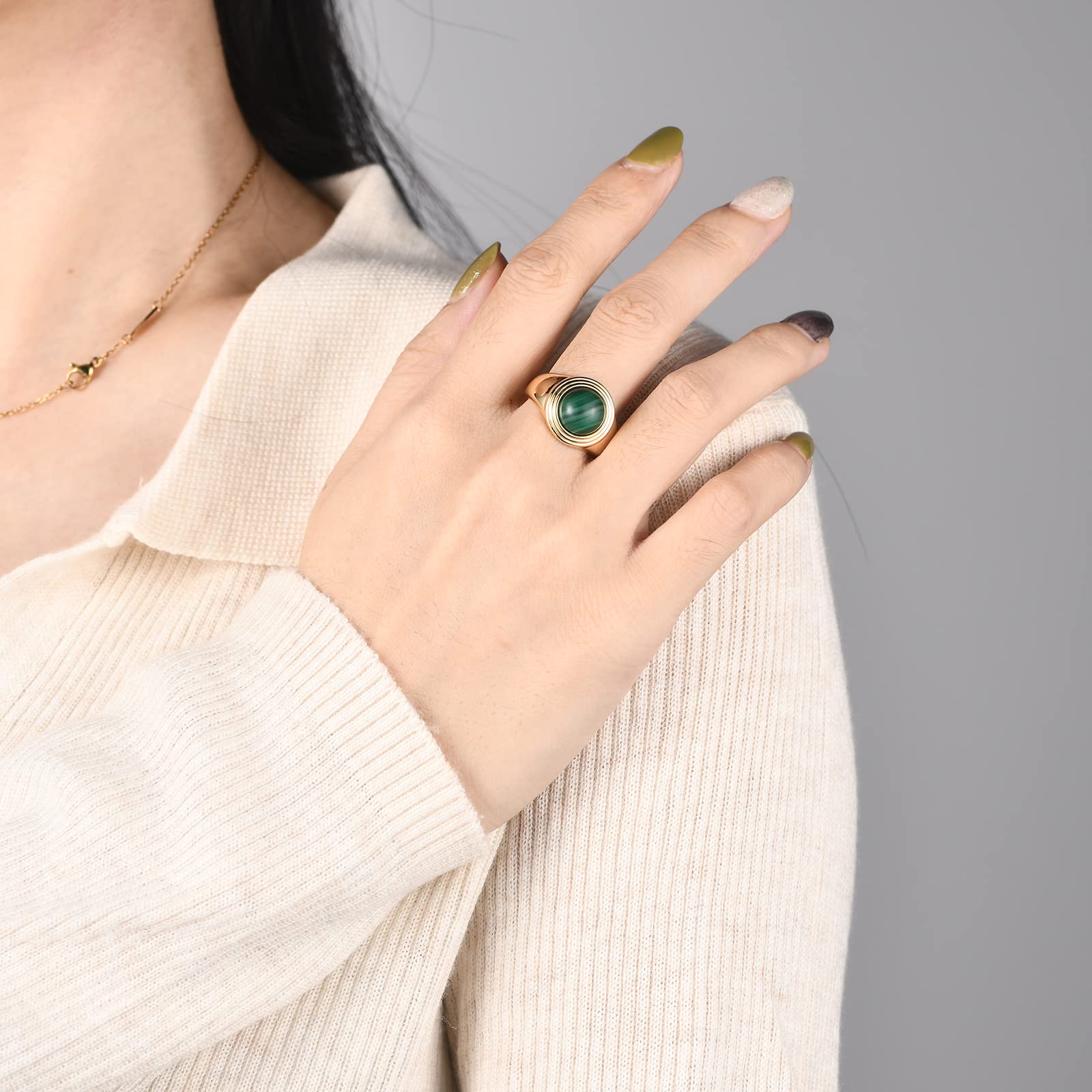 JINEAR 14K Gold Plated Round Malachite Band Ring for Women and Men Green Gemstone Stackable Bulky Thumb Statement Ring