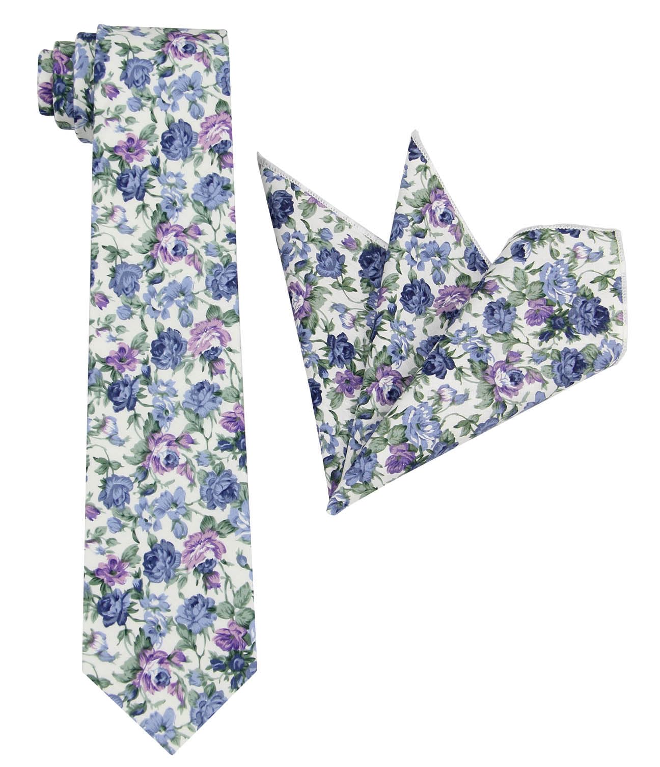 Gollate Mens Charm Floral Cotton Tie Set : Necktie with Pocket Square - Wedding - Gift Set (Dusty Blue with Turquoise and Orchid)