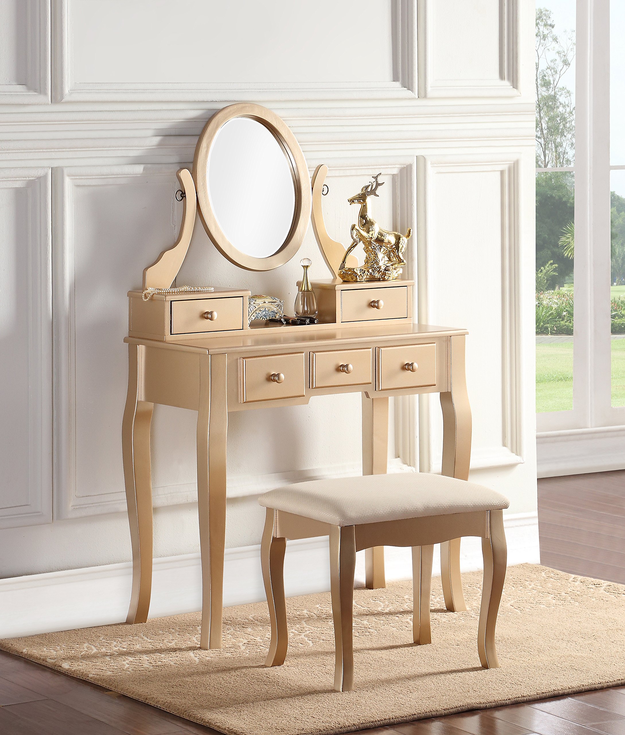 Roundhill Furniture Ashley Wood Make-Up Vanity Table and Stool Set, Cherry