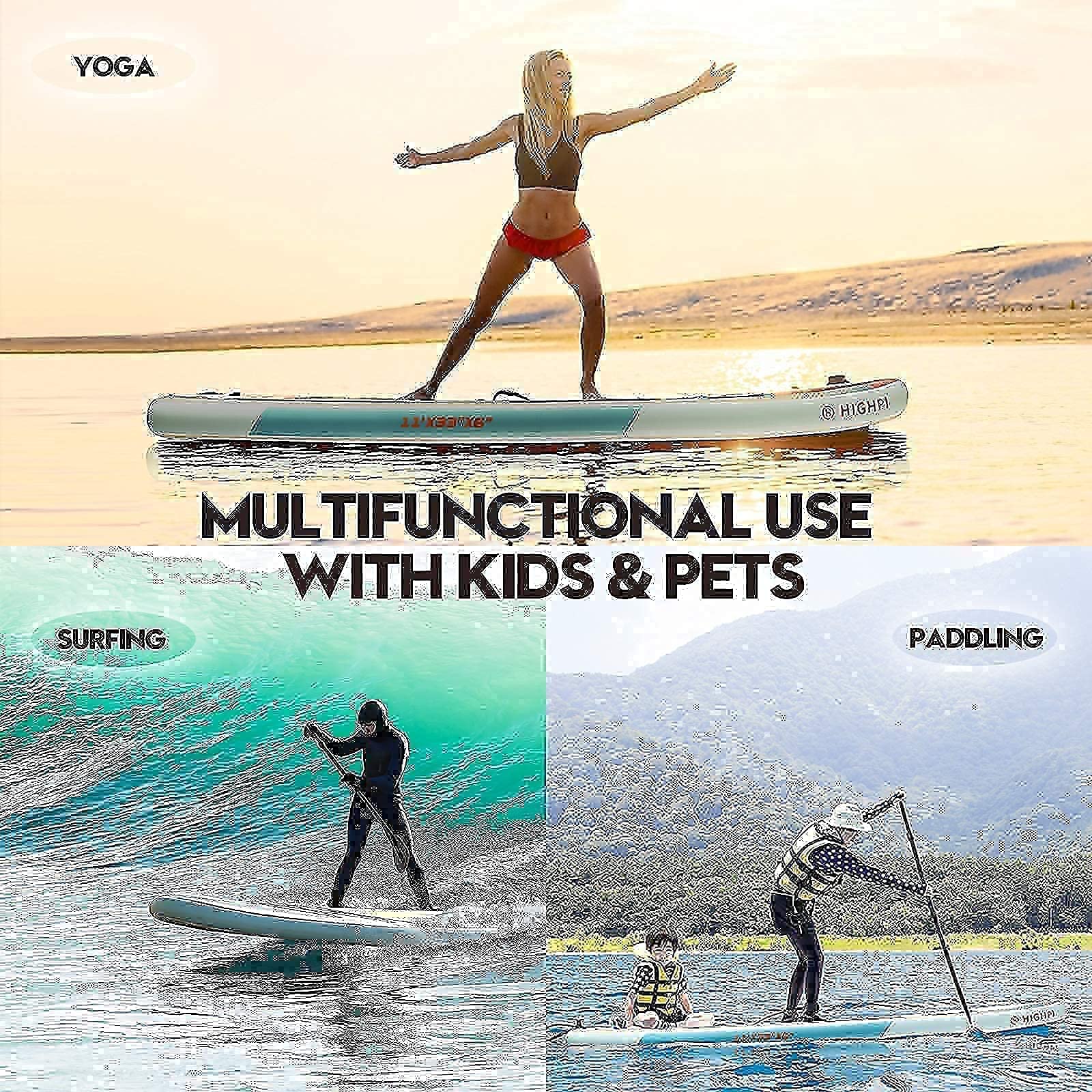 Highpi Inflatable Stand Up Paddle Board SUP with Accessories Backpack Anti-Slip Deck, Leash, Paddle and Hand Pump, Surf Paddle Boards for Youth & Adult