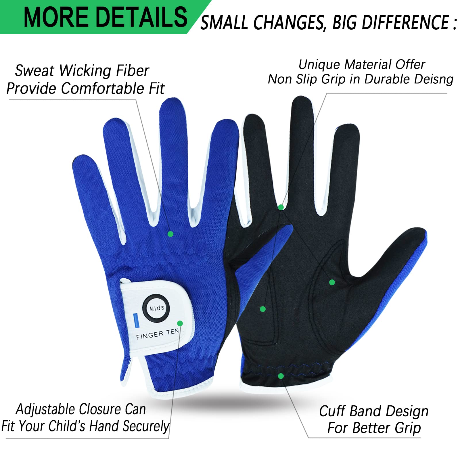 Golf Gloves Junior Kids Youth Toddler Boys Girls Left Hand Right Hand Dura Feel White Blue Red Yellow Golf Glove Extra Value 2 Pack Age 4-11 Years Old (Large(Age 7-8) Blue, Worn on Left Hand)