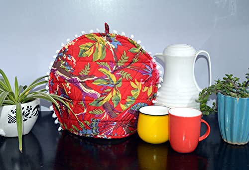 Tea Cozy Cotton Vintage Floral Tea Cosy for Teapots Keep Warm Teapot Cover Insulated Kettle Cover Tea Cozies with pom pom (Red Bird with white pom pom)