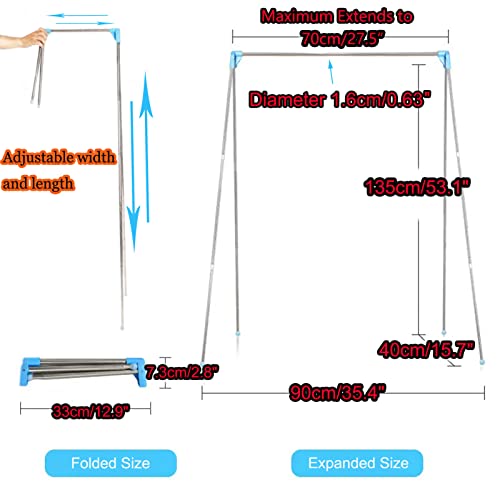 Portable Travel Garment Rack, Stainless Steel Foldable Clothes Rack, Extra Compact and Lightweight, Collapsible Mini Drying Clothes Rack with 6pcs S Hook and 6pcs Clothes Clip for Camping, Laundry