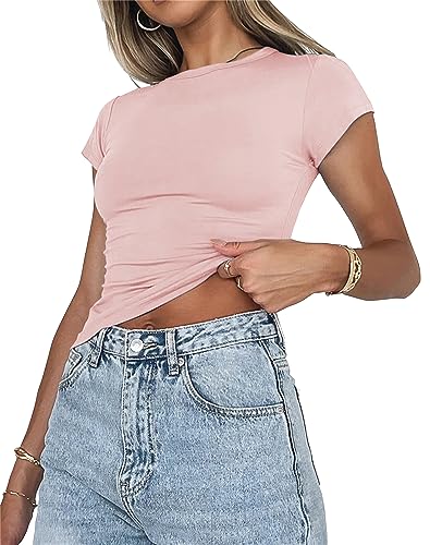 PRIMODA Women's Short Sleeve Slim Fitted Tee Shirt Top Basic Casual Crew Neck Workout Crop Top (Pink L)