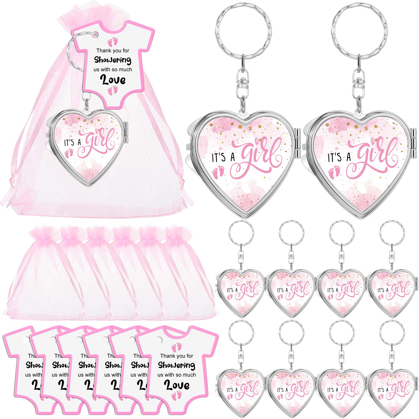 Wesiti 108 Pcs Baby Shower Favors 36 Heart Shaped Mirrors Keychain Thank You Tags 36 Organza Bags for Baby Shower