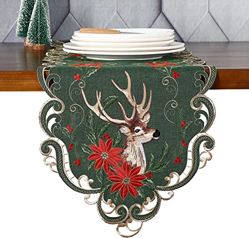 GRANDDECO Christmas holiday table runner 13X45 with Christmas deer and poinsettia crafts (Green, Table Runner 13X45(33X114cm))