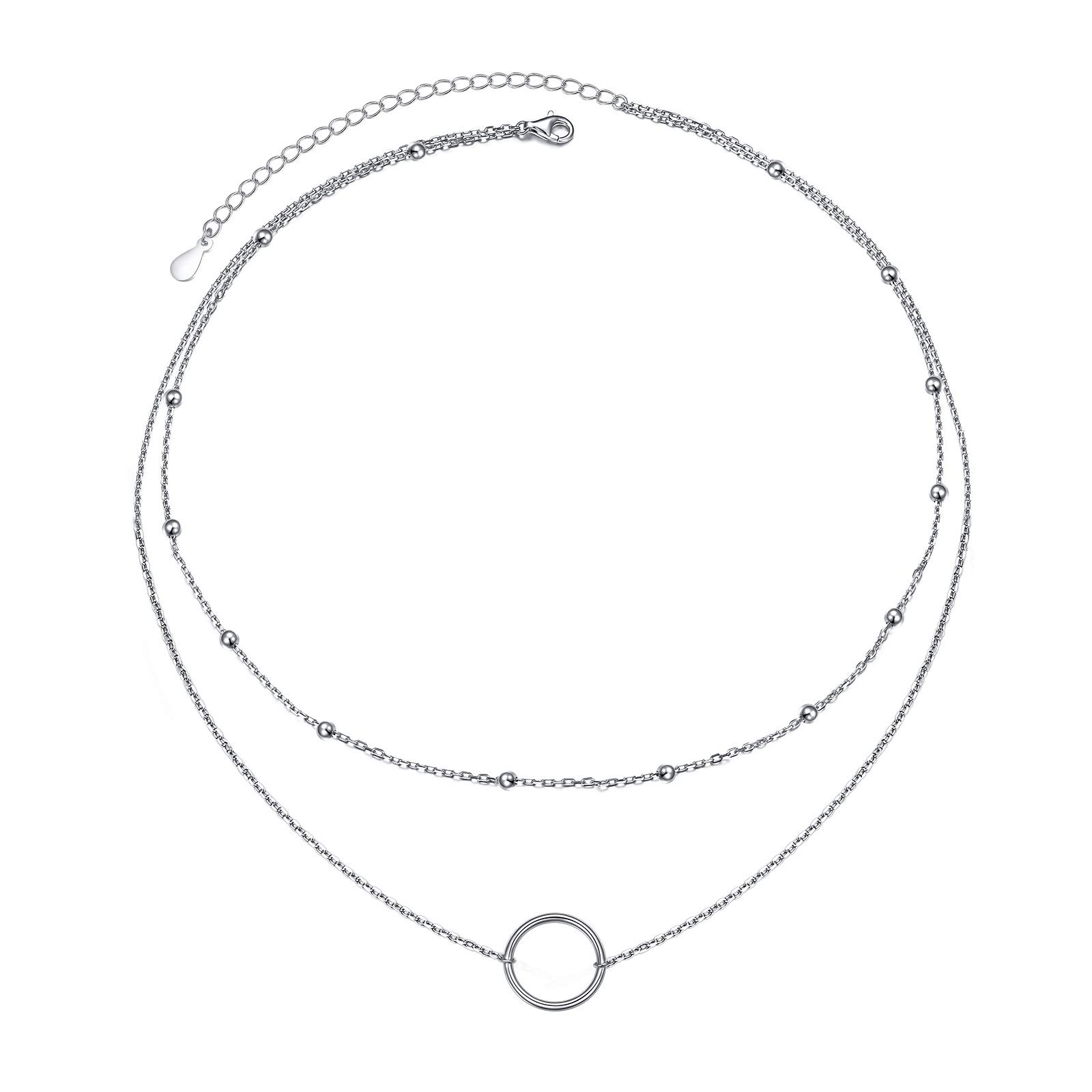 FLYOW Circle Choker Necklace S925 Sterling Silver Layered Dainty Simple Choker Necklace Circle Pendant for Women Birthday Gift