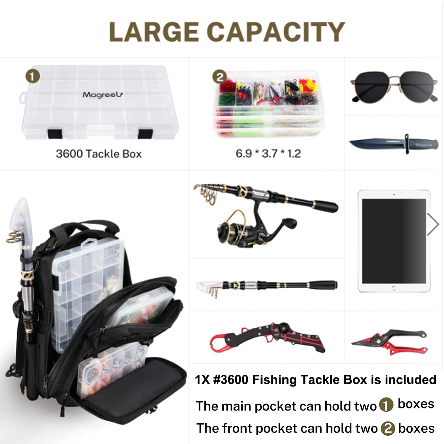 Gonex Fishing Tackle Bag with 1x 3600 Tackle Box, Water-Resistant Fishing Backpack with Removable Shoulder Strap, Outdoor Shoulder Backpack Tackle Bag with Rod Holder