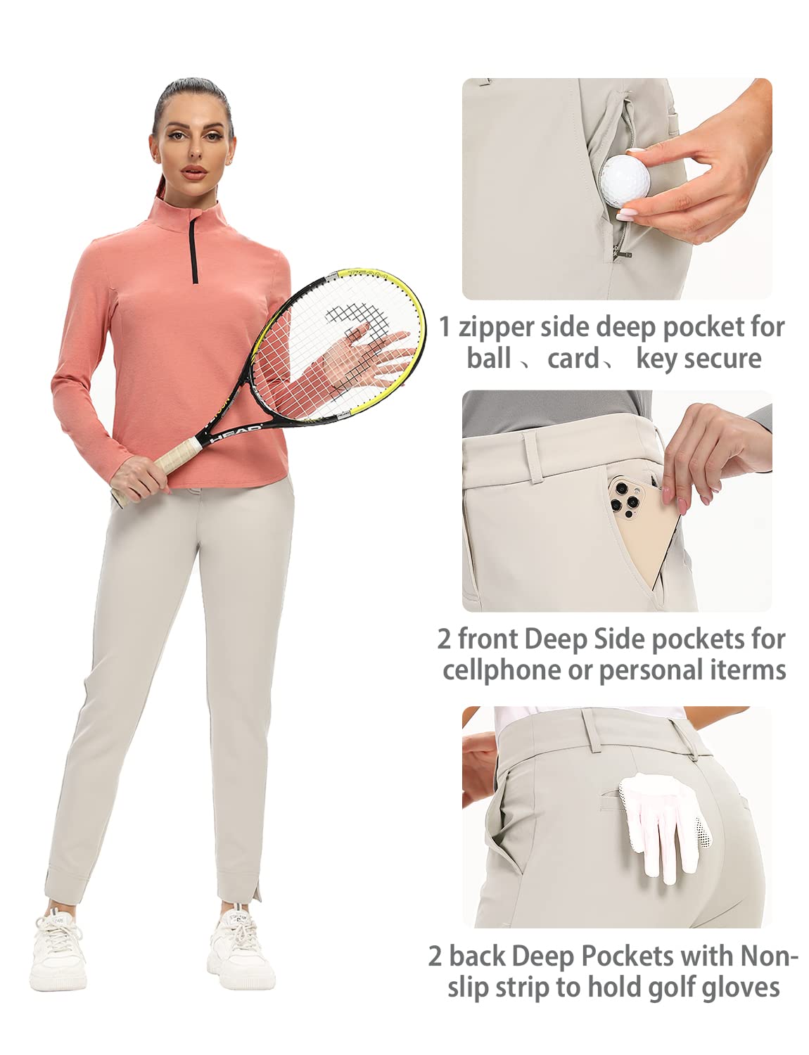 Hiverlay Womens Golf Pants Work Pants Stretch Lightweight Khaki Dress Pants Business Casual with Zipper Pocket White L
